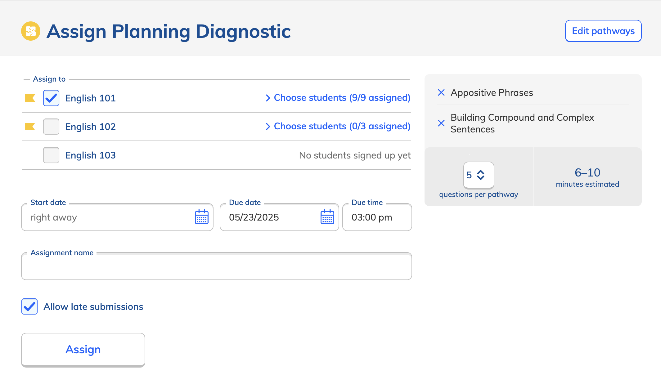 How to Create and Assign a Planning Diagnostic – NoRedInk Help Center