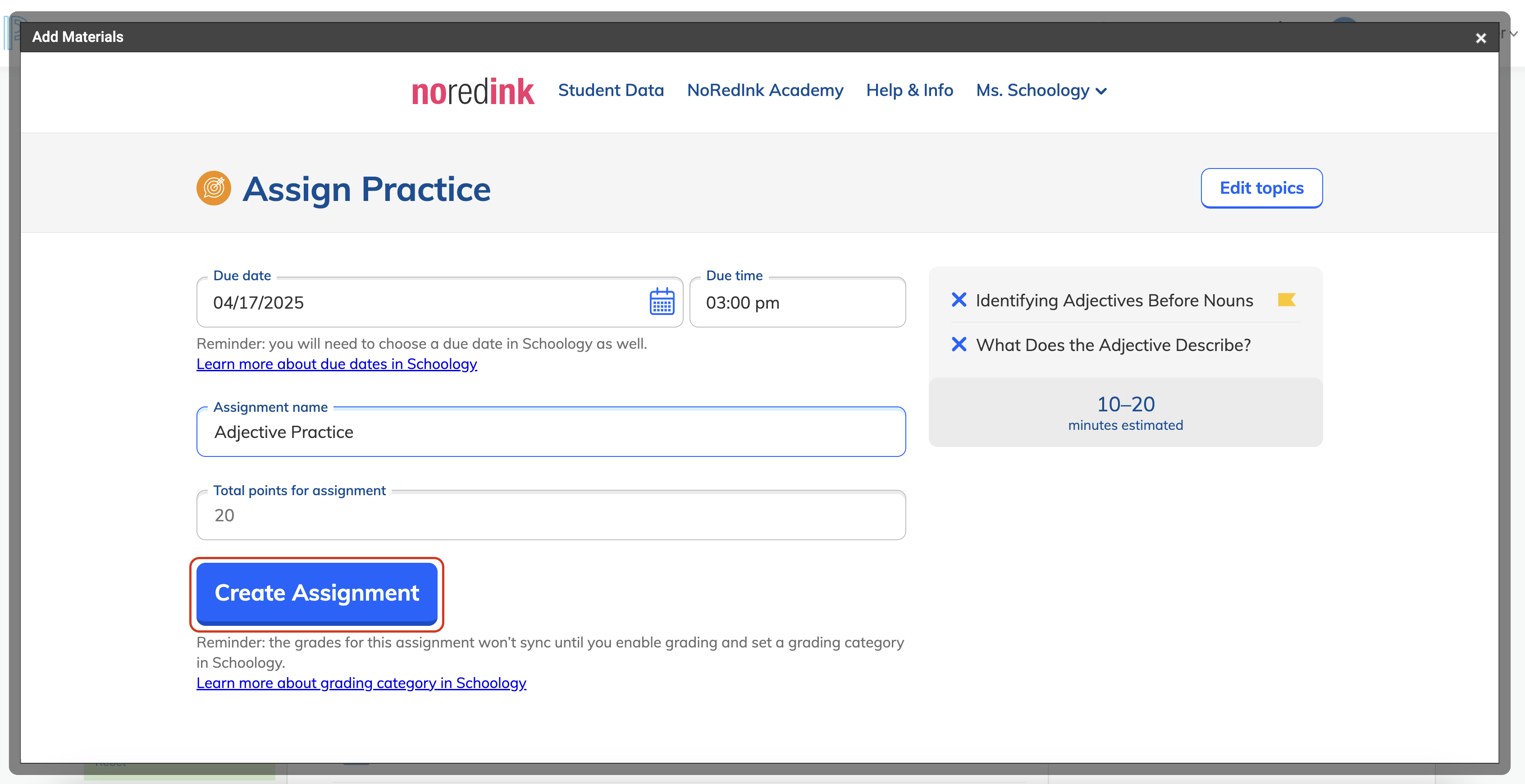 How to Create a NoRedInk Assignment in Schoology – NoRedInk Help Center